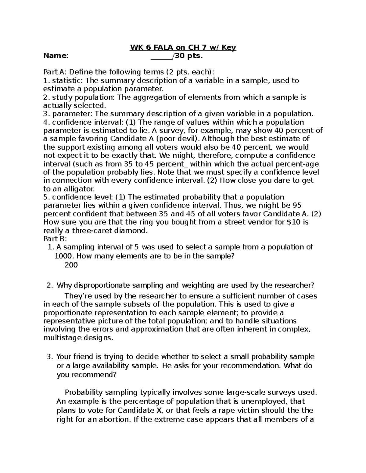 RSCH 2050 Chapter 7 FALA - WK 6 FALA on CH 7 w/ Key Name: ______/30 pts. Part A: Define the ...