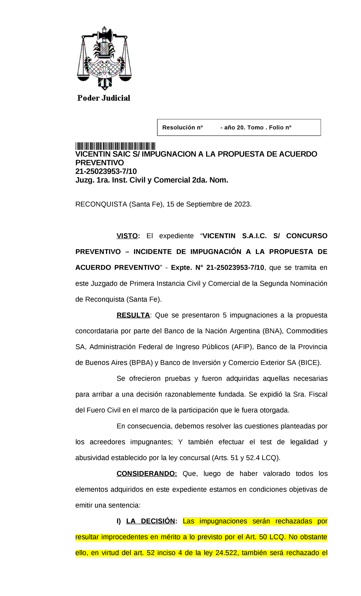 Vicentin SAIC S Impugnacion A LA Propuesta DE Acuerdo Preventivo ...