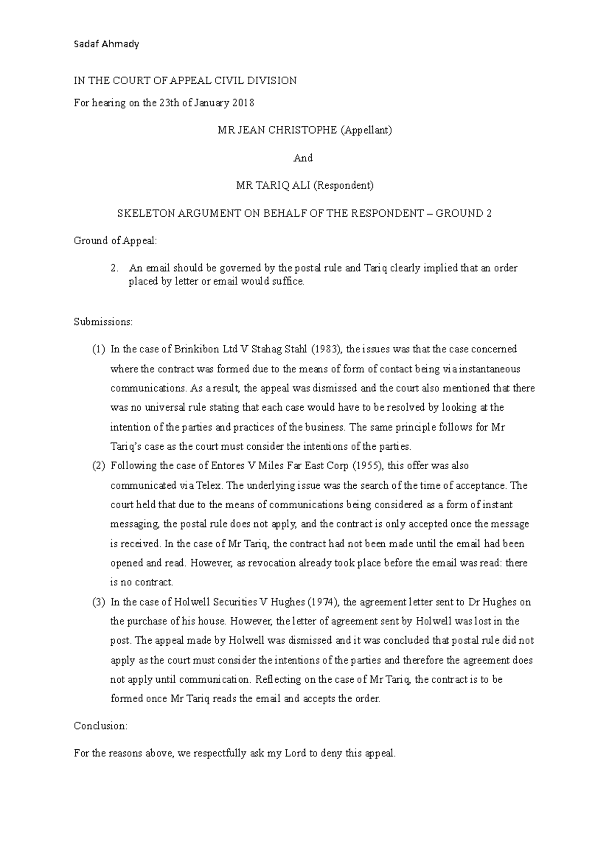 Skeleton - junior respondent - Sadaf Ahmady IN THE COURT OF APPEAL ...