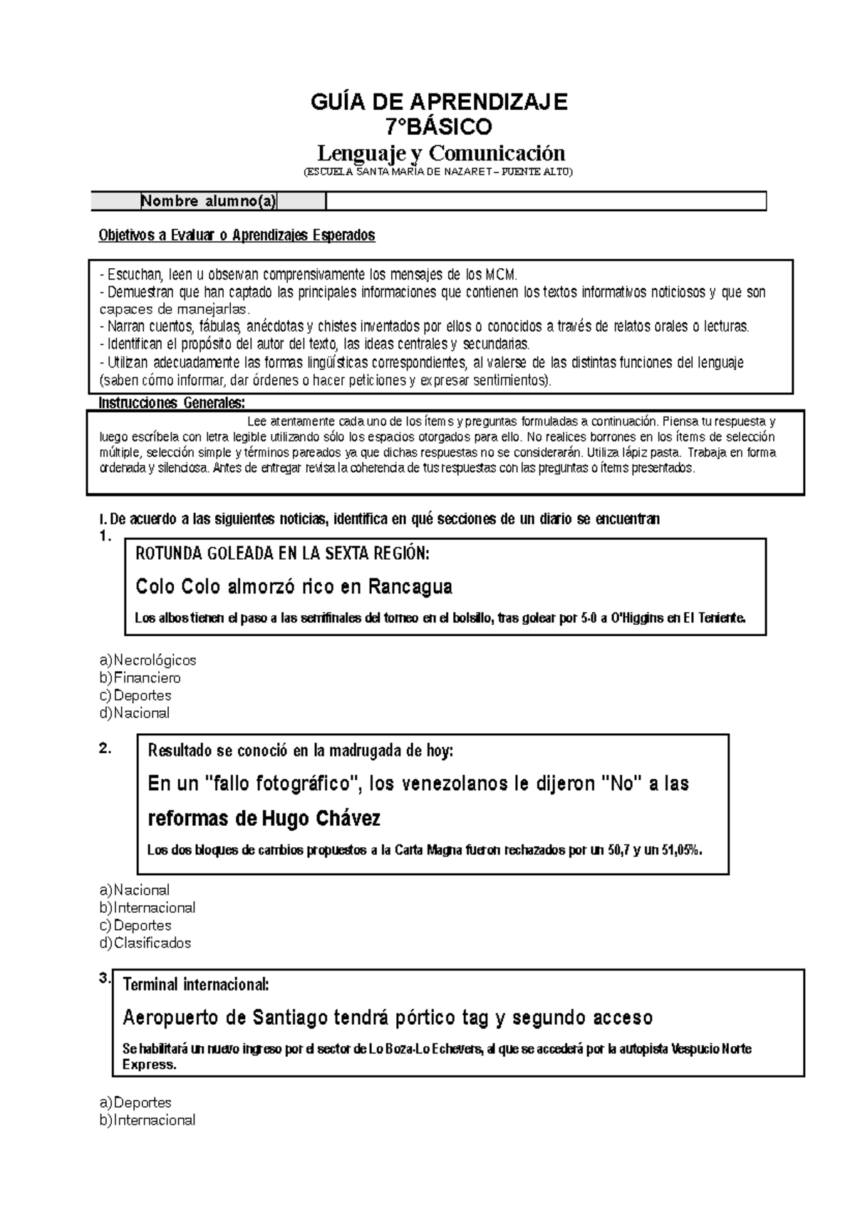 GUÍA DE Aprendizaje 7° Básico Lenguaje y Comunicación - Nombre alumno(a ...