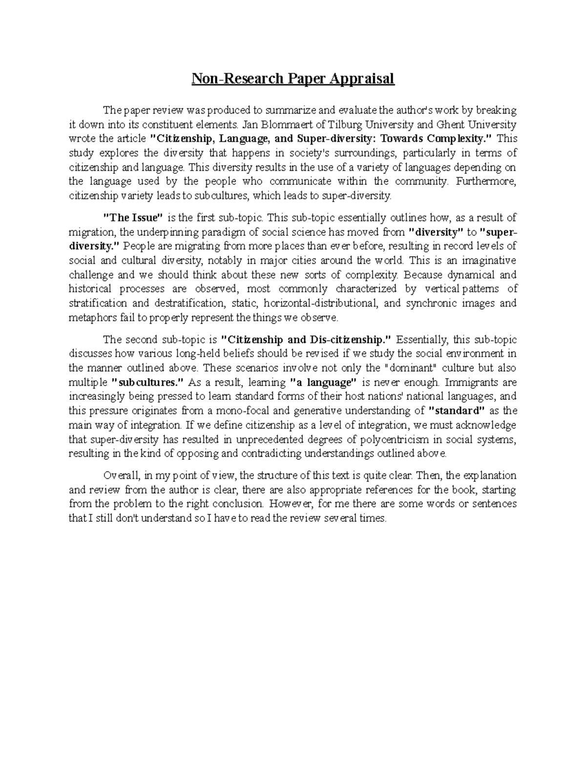 Non-Research Paper Appraisal - Jan Blommaert of Tilburg University and ...