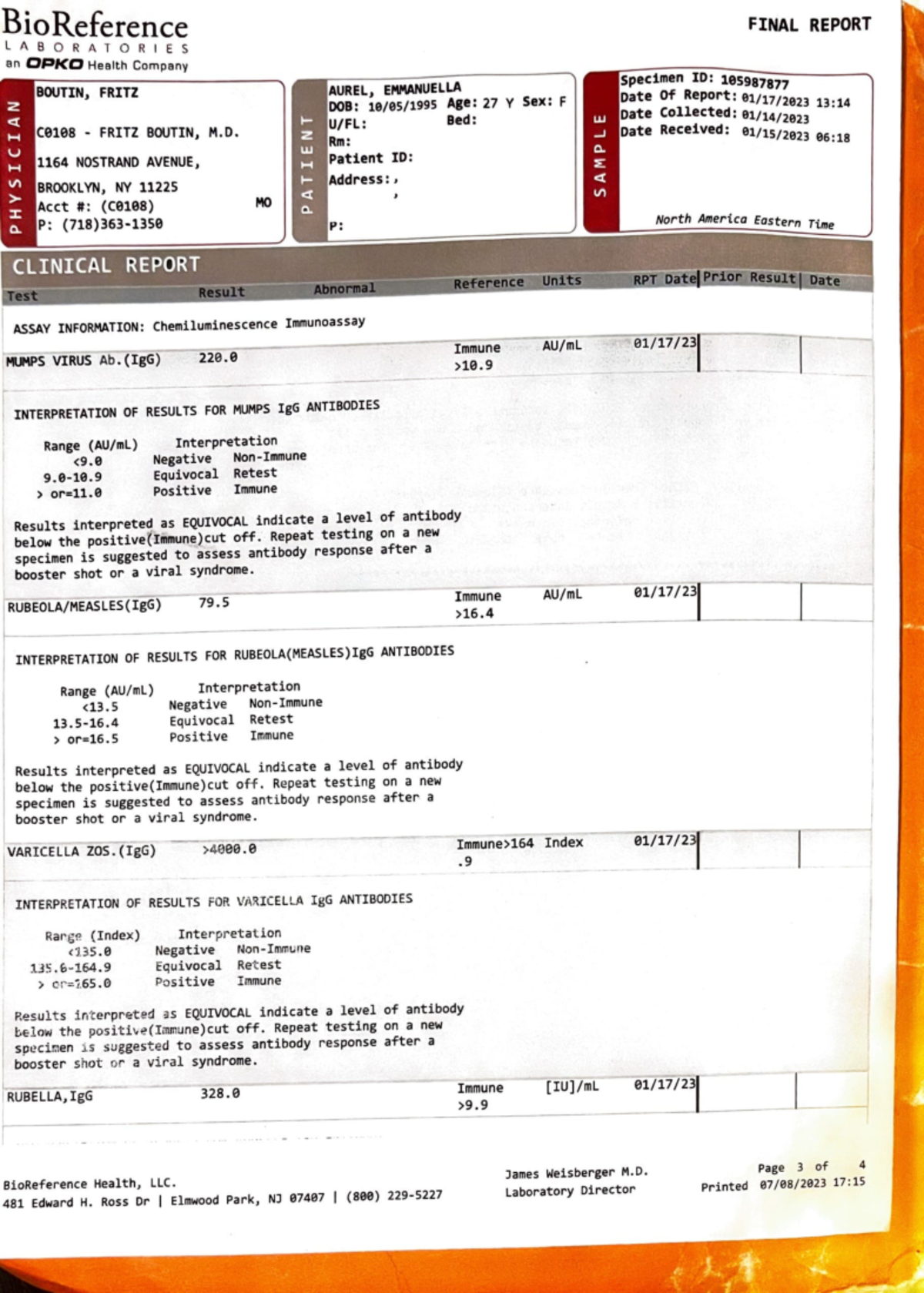 Lab result - Notes - Bio Reference FINAL REPORT L AB O RATOR I ES - n ...