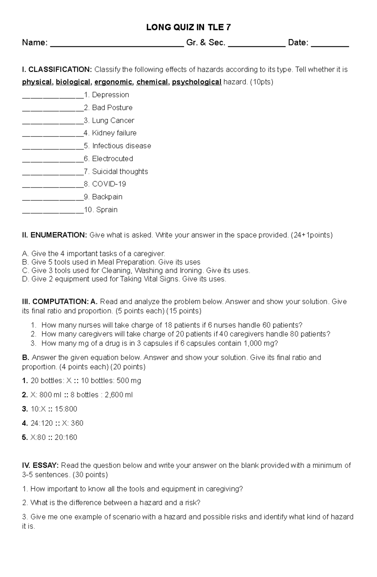 TLE 7 Long Test - Long Test - LONG QUIZ IN TLE 7 Name ...