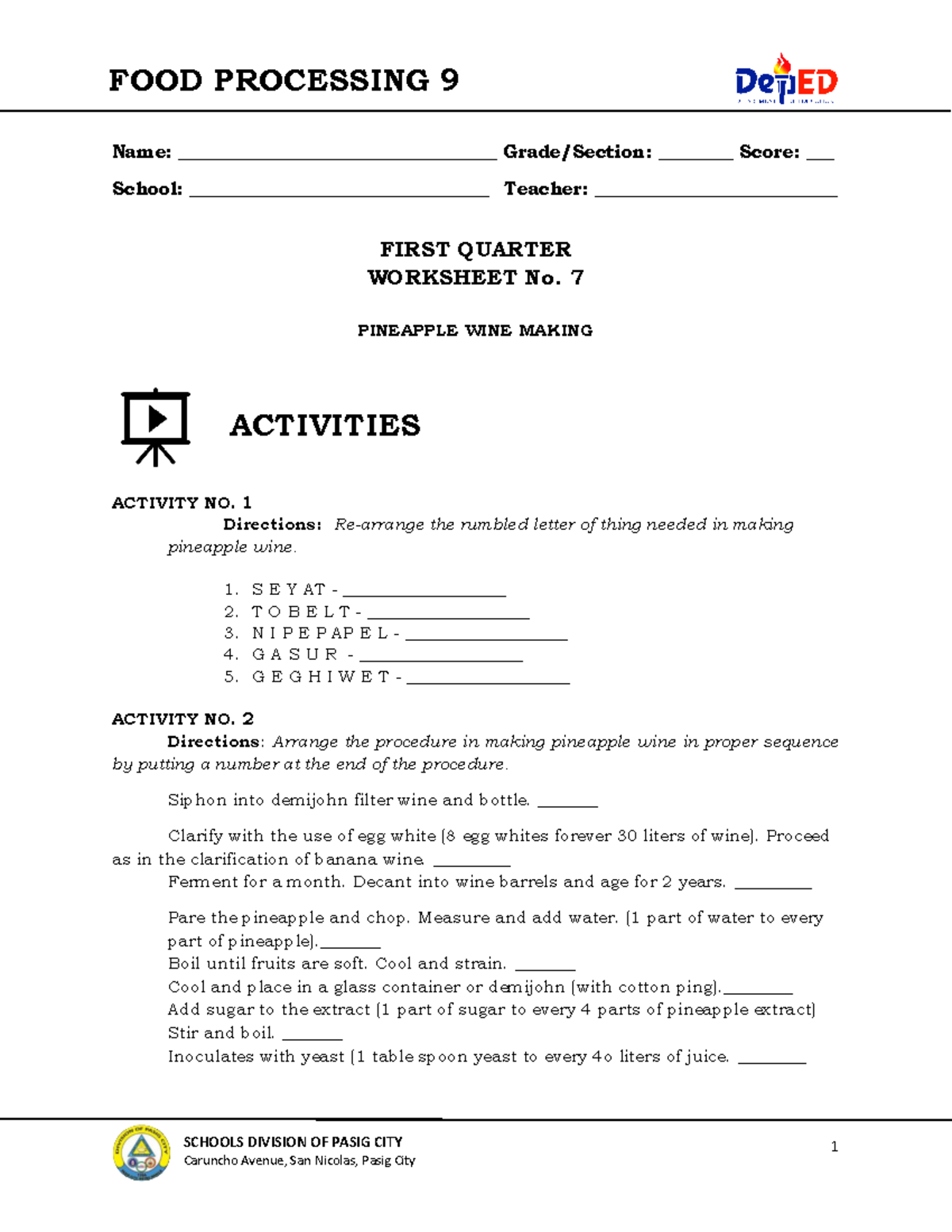 Sptve 9-FOOD Processing TECH9-Q1-DW7 - 1 FOOD PROCESSING 9 SCHOOLS ...