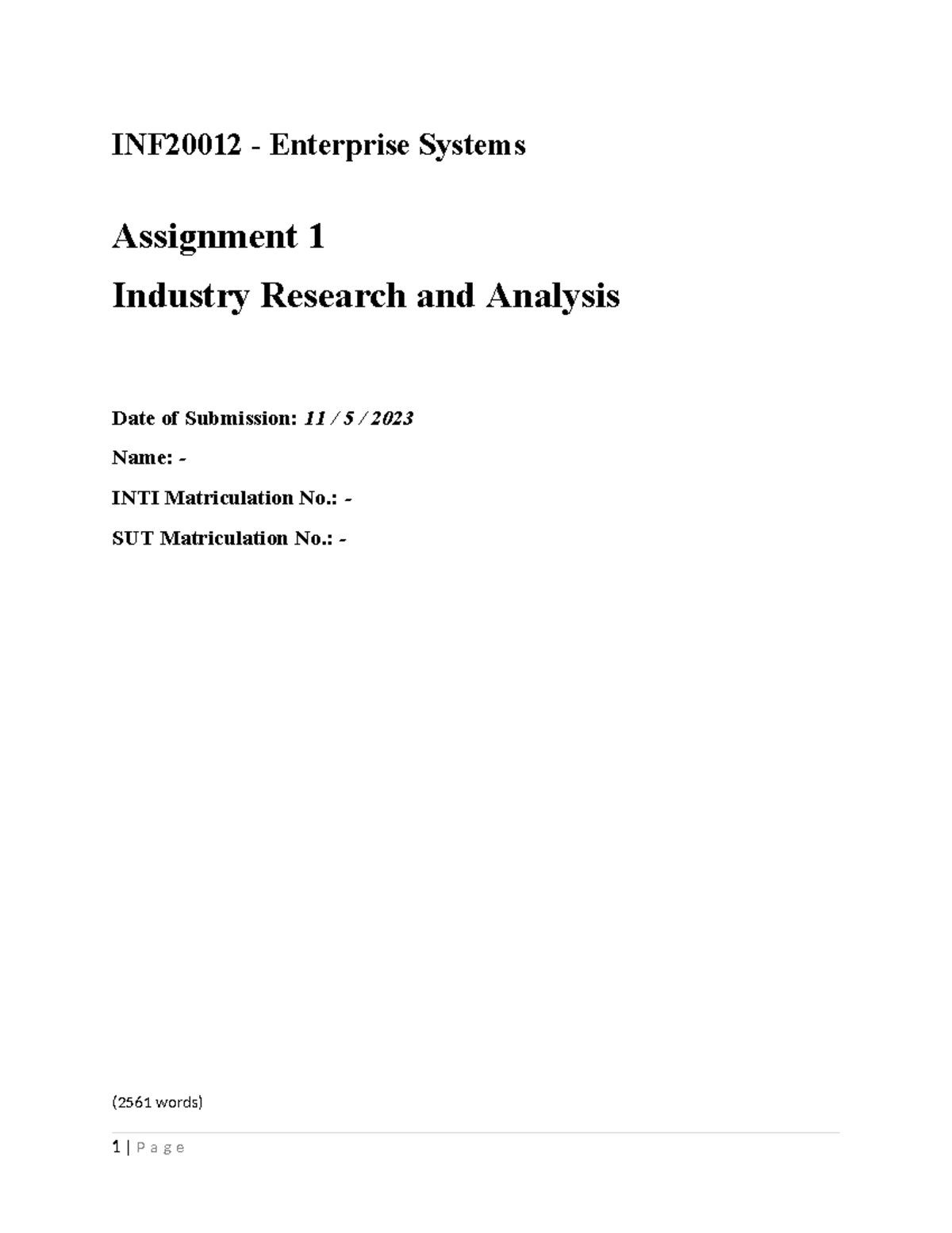 INF2001 2-Assignment 1 - INF20012 - Enterprise Systems Assignment 1 Industry Research and ...