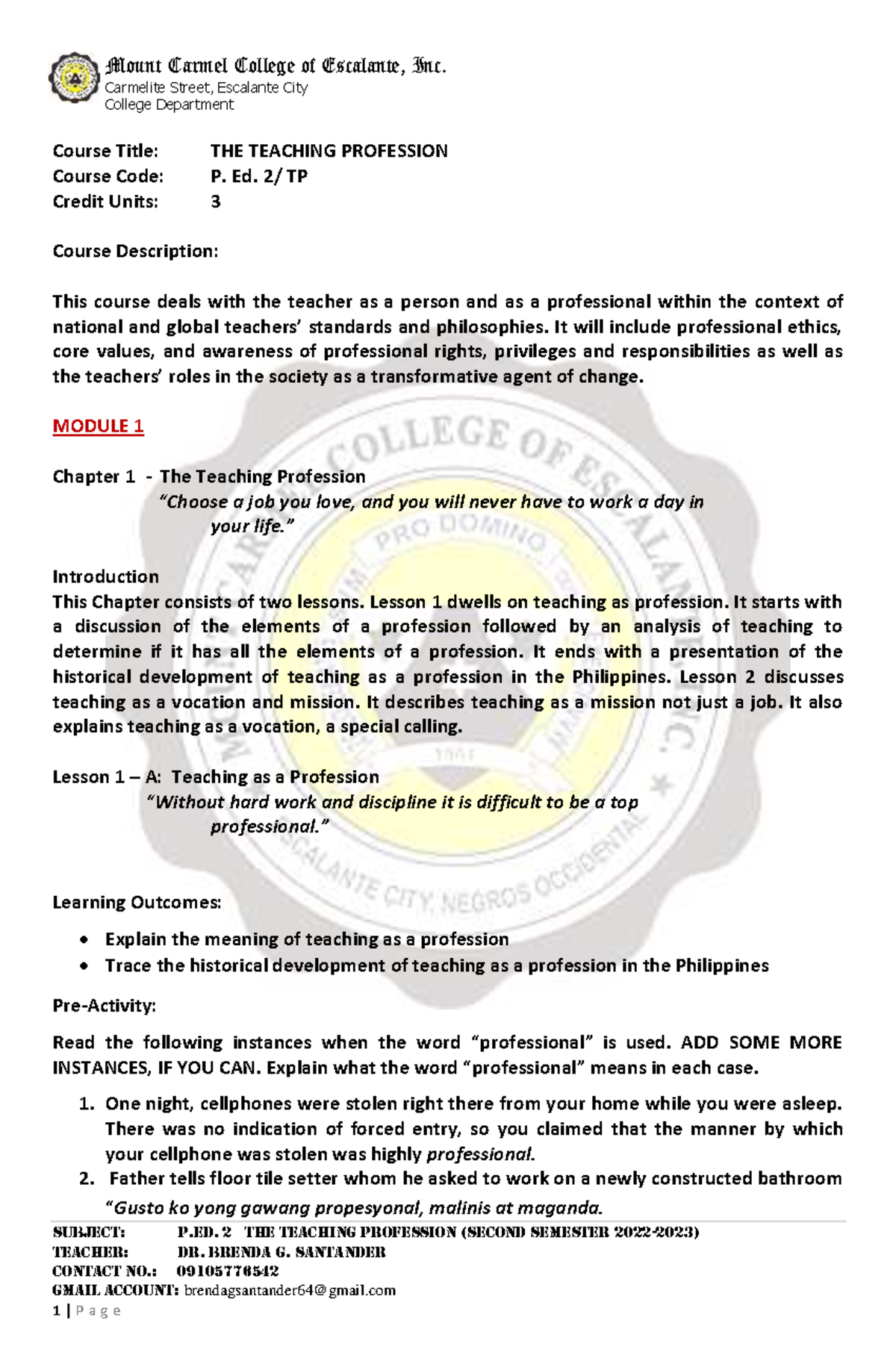 P.ED 2 Prelim Module - Insights - Carmelite Street, Escalante City ...