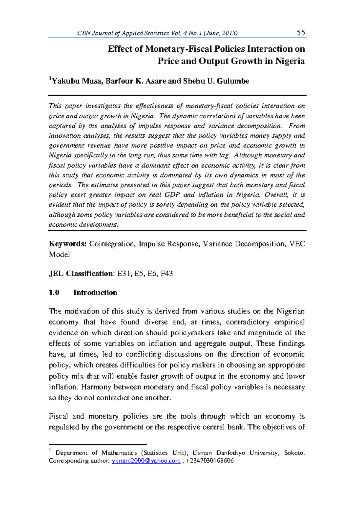 Effect of monetary-fiscal policies interaction article 4 - CBN Journal ...