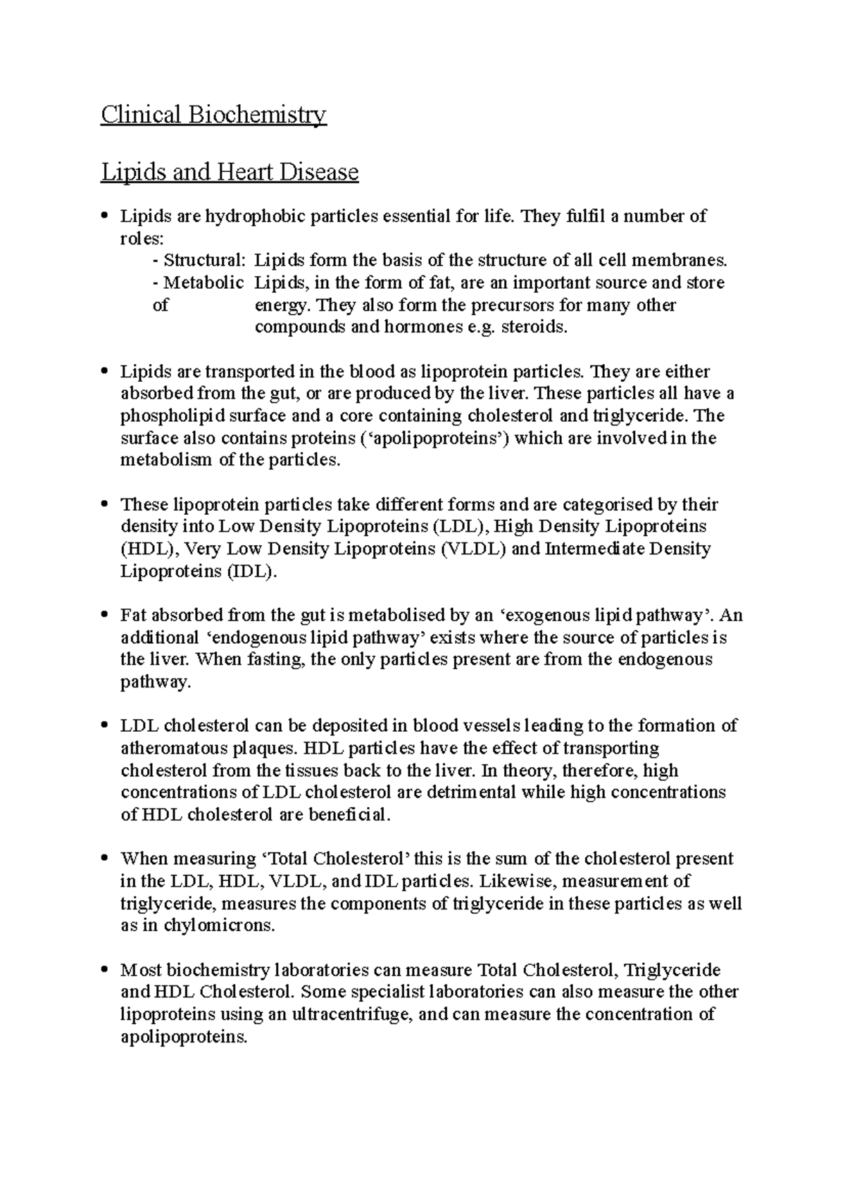 Lipids - Lecture notes 1 - Clinical Biochemistry Lipids and Heart ...