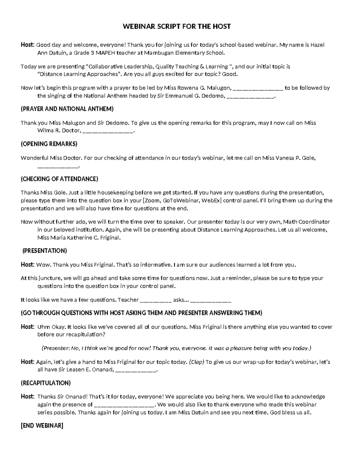 Script - Webinar - WEBINAR SCRIPT FOR THE HOST Host: Good day and ...