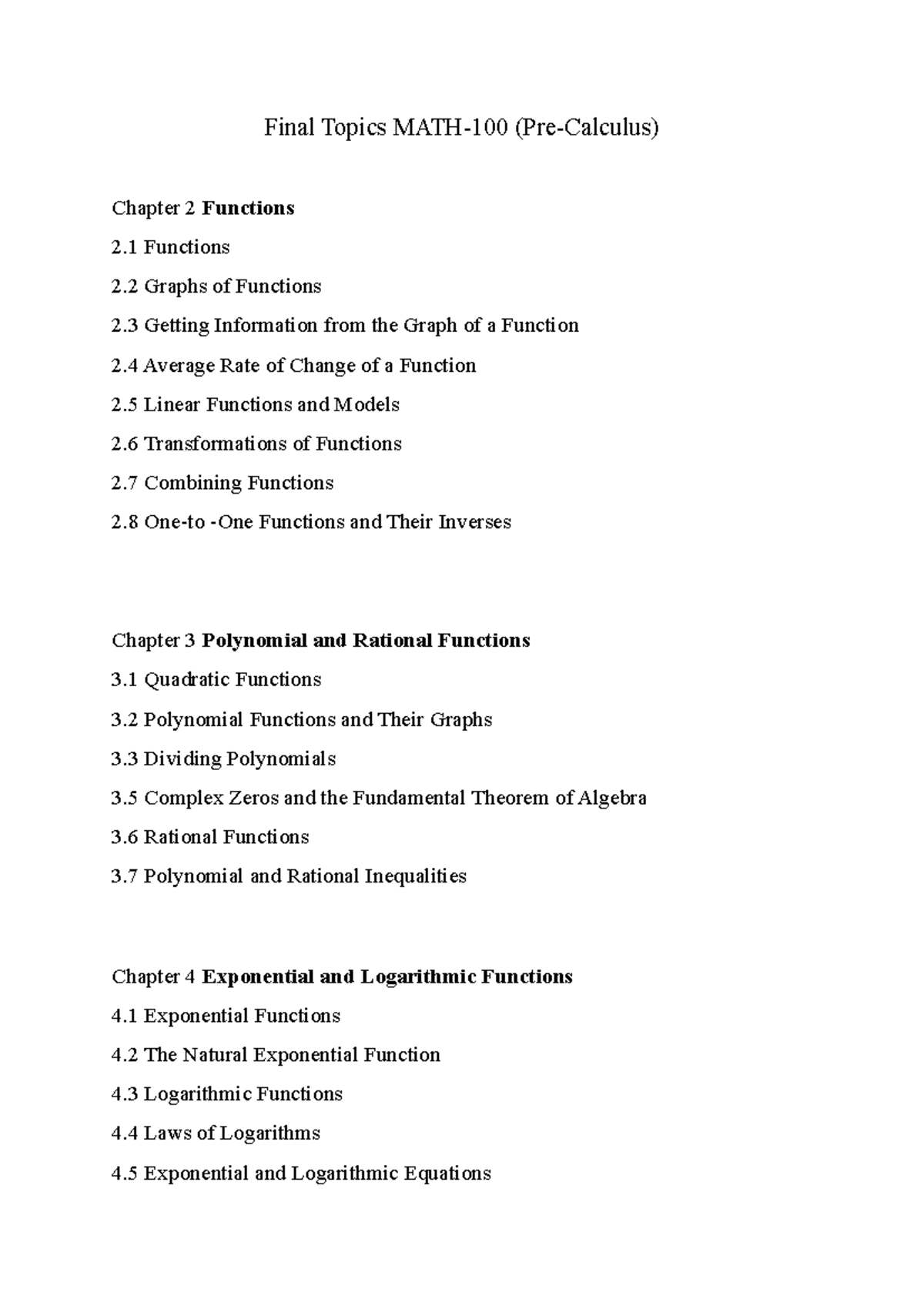 Final Topics Pre Cal - Final Topics MATH-100 (Pre-Calculus) Chapter 2 ...