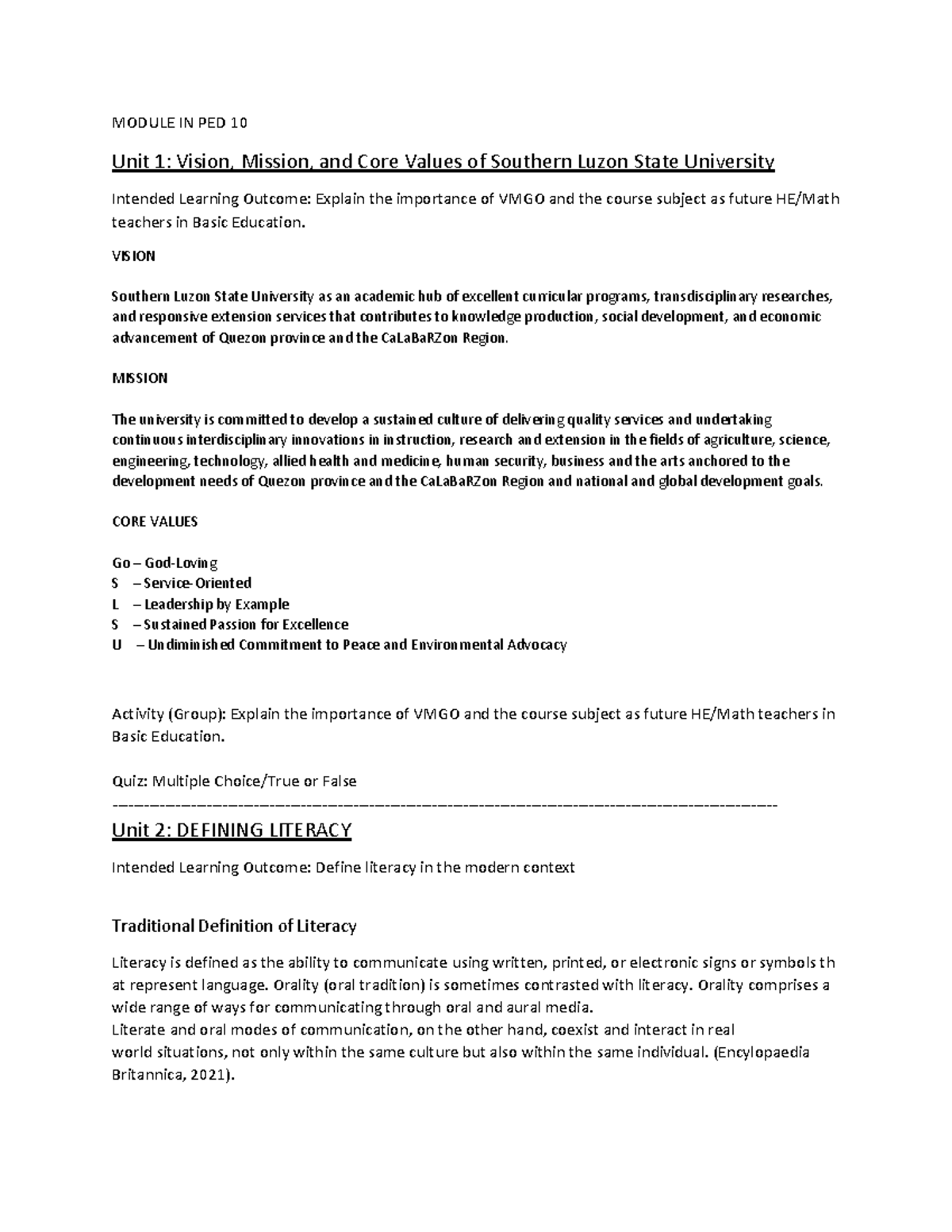 Module-IN-PED-10 - GOOD FOR STUDENTS - MODULE IN PED 10 Unit 1: Vision ...