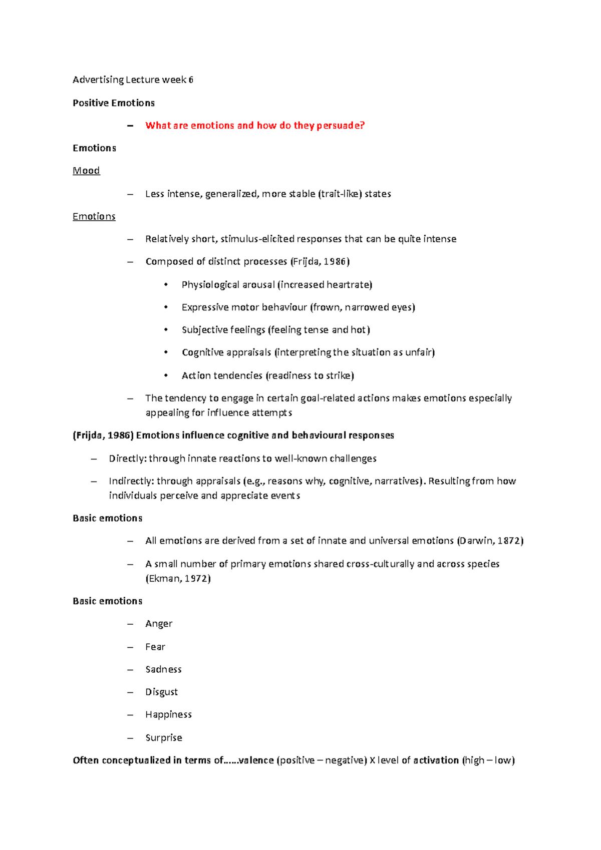 Lecture 6 positive emotions - Advertising Lecture week 6 Positive Emotions What are emotions and ...