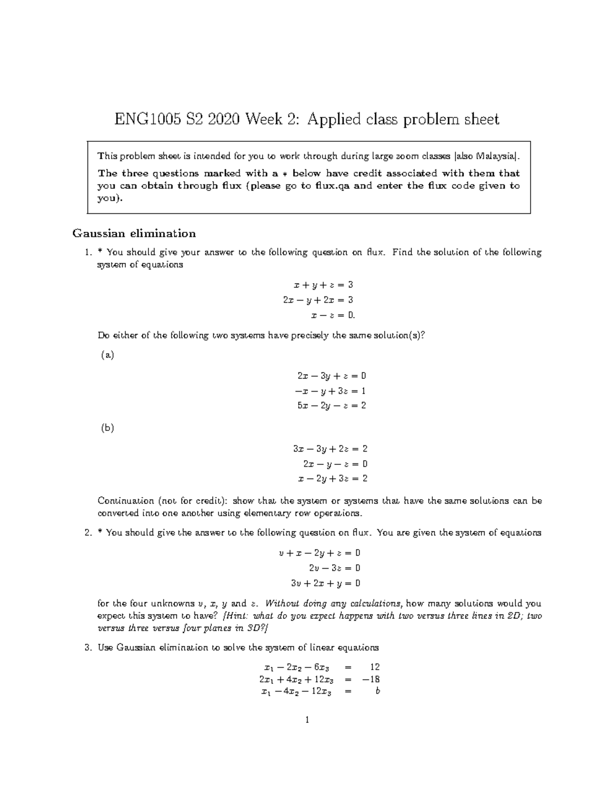 Week 2 problem sheet (with Flux question) Updated - ENG1005 S2 2020 ...