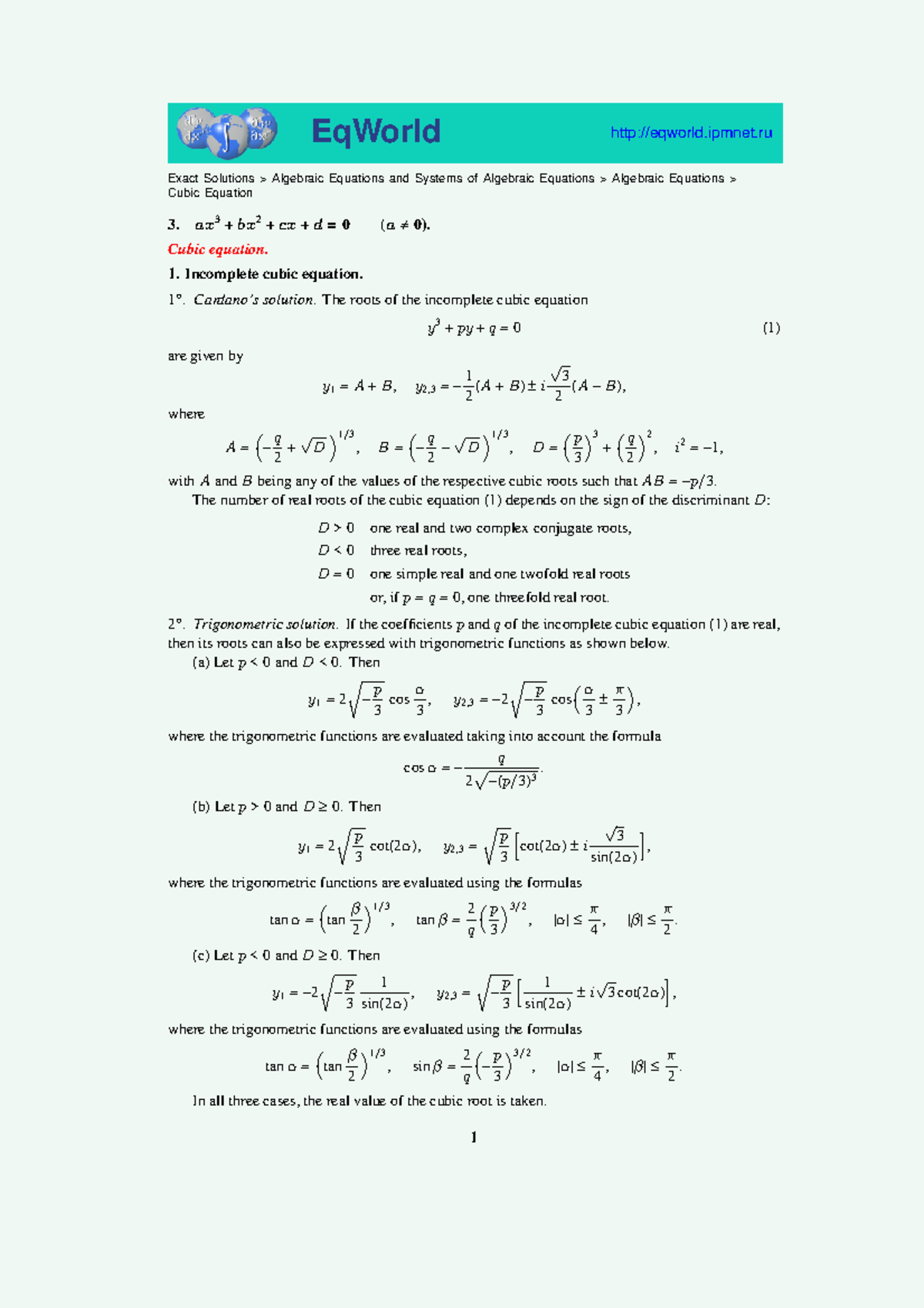 Cubic Equations - Eq World - EqWorld eqworld.ipmnet Exact Solutions > Algebraic Equations and ...