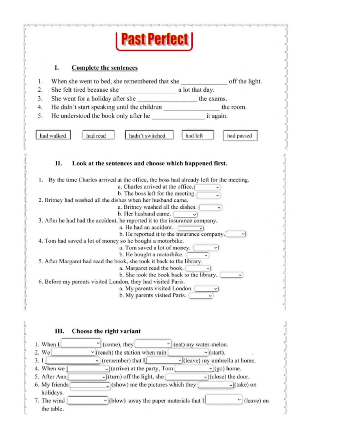 Past perfect quiz - This for lesson plans for grade 1 and grade 2 ...