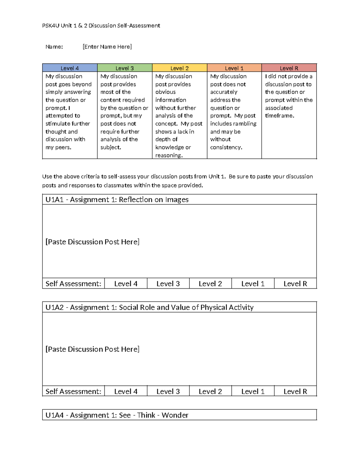 Discussion Self Assessment Units 1 & 2 - Name: [Enter Name Here] Level ...