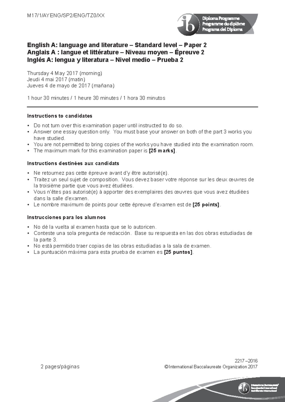 IB English A Language and literature paper 2 SL Past paper may 2017 ...