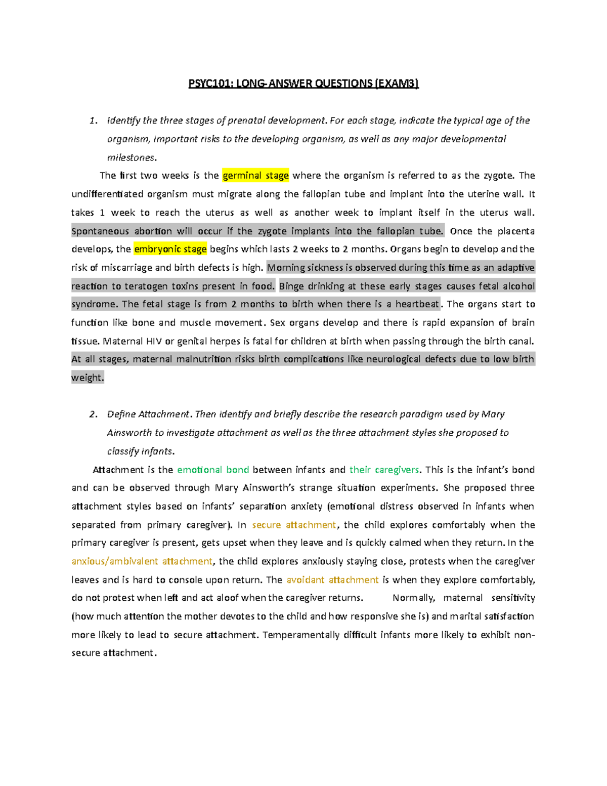 Sample/practice exam 2018, questions and answers - PSYC101: LONG-ANSWER ...