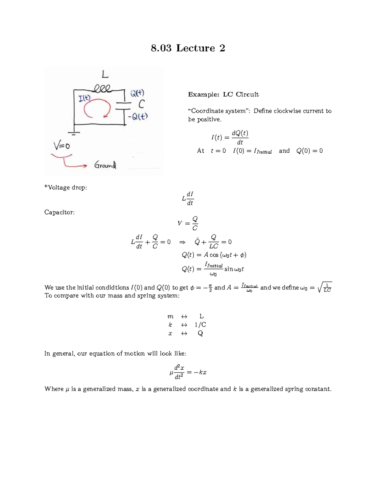 Lec2 - 8 Lecture 2 Example: LC Circuit “Coordinate system”: Define ...