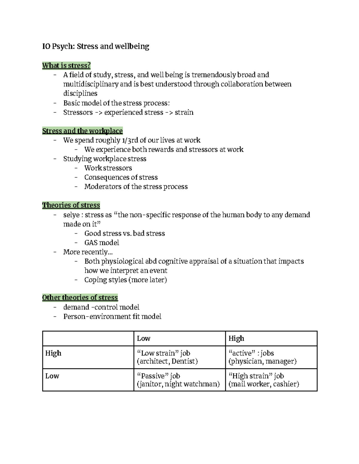 IO Psych Stress and wellbeing - bad stress - GAS model - More recently ...