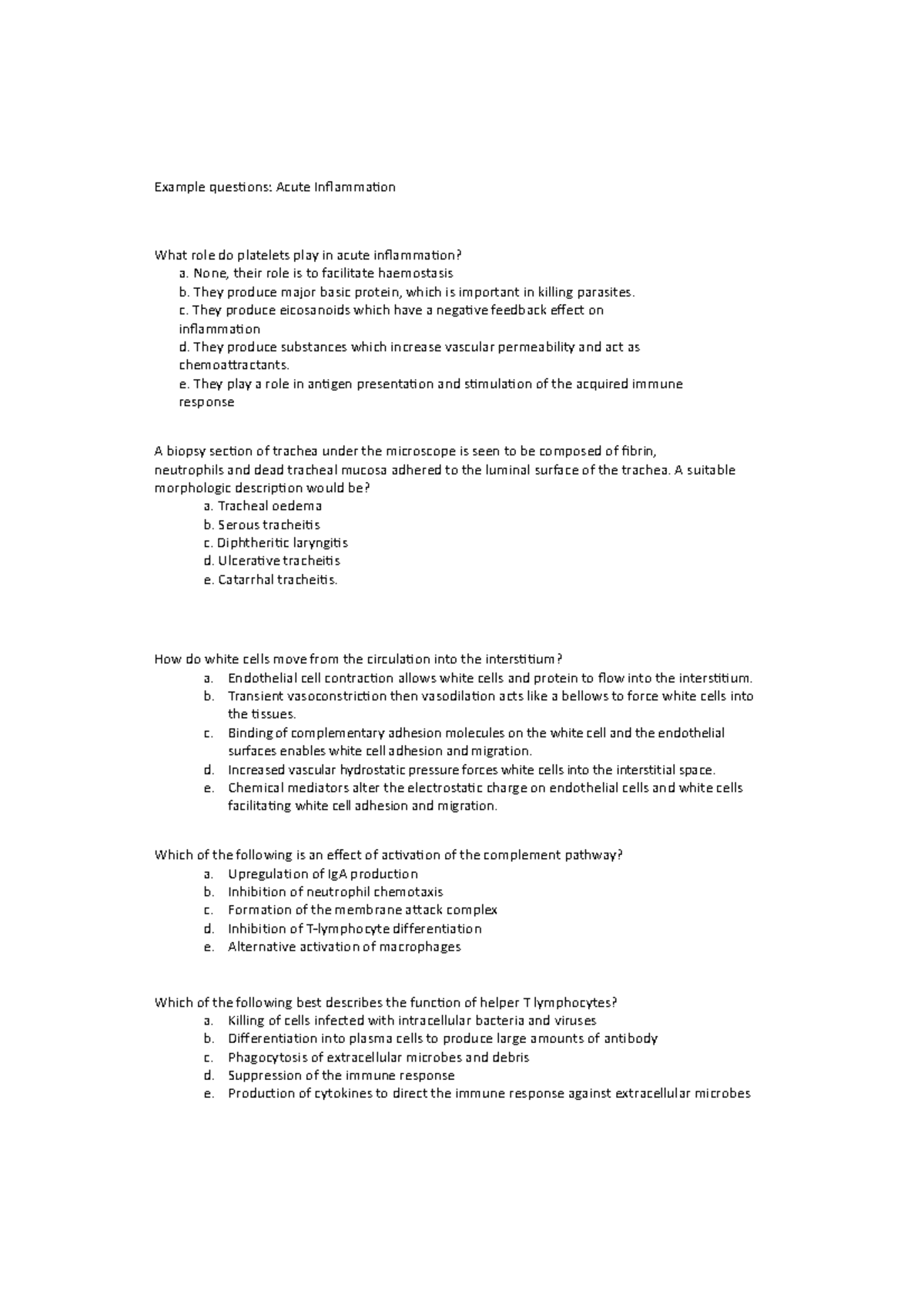 Example questions Acute inflammation - Example ques+ons: Acu 1 e ...