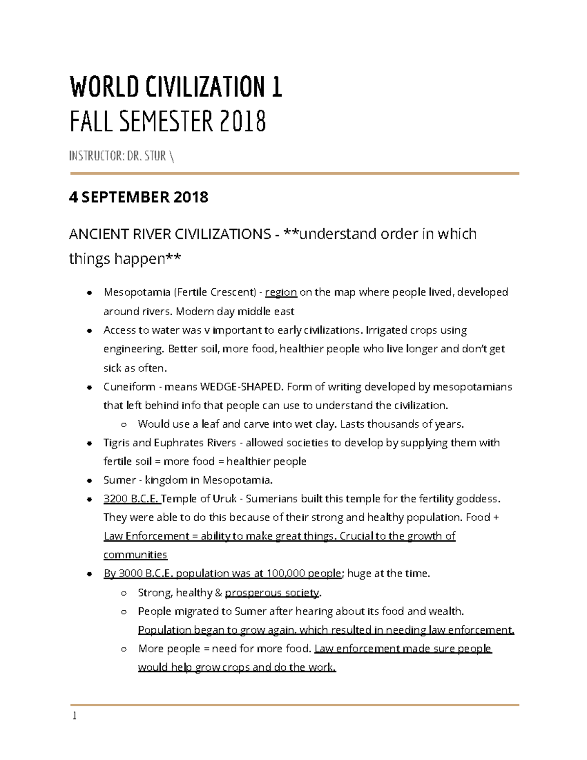 SEPT 4 - World CIV - Lecture notes SEPT 4 - WORLD CIVILIZATION 1 FALL ...