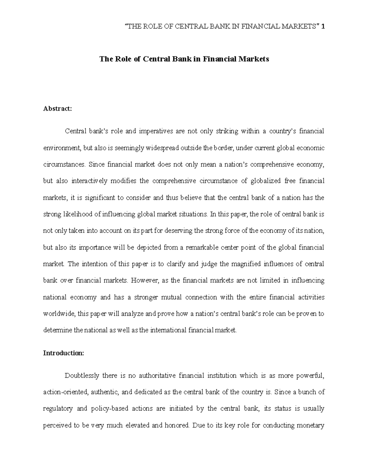 The role of central bank in financial markets - The Role of Central ...
