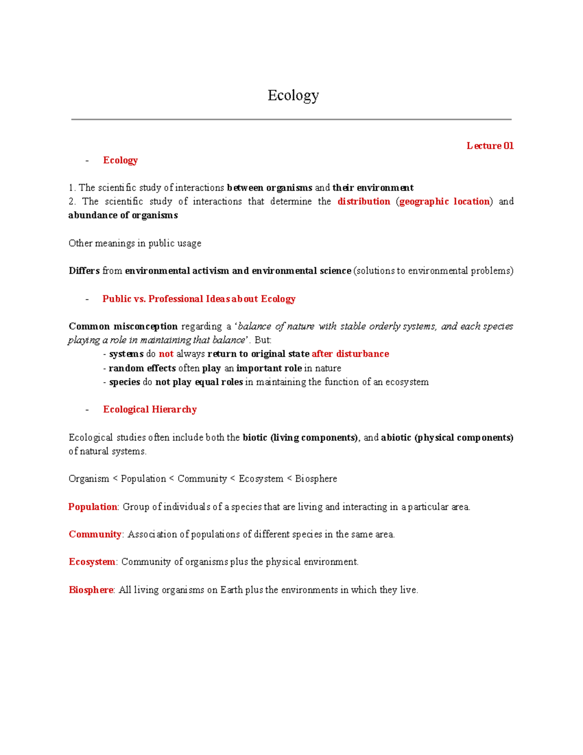 Bio 2483 Lec 01 - Lecture Notes - Ecology Lecture 01 Ecology The ...