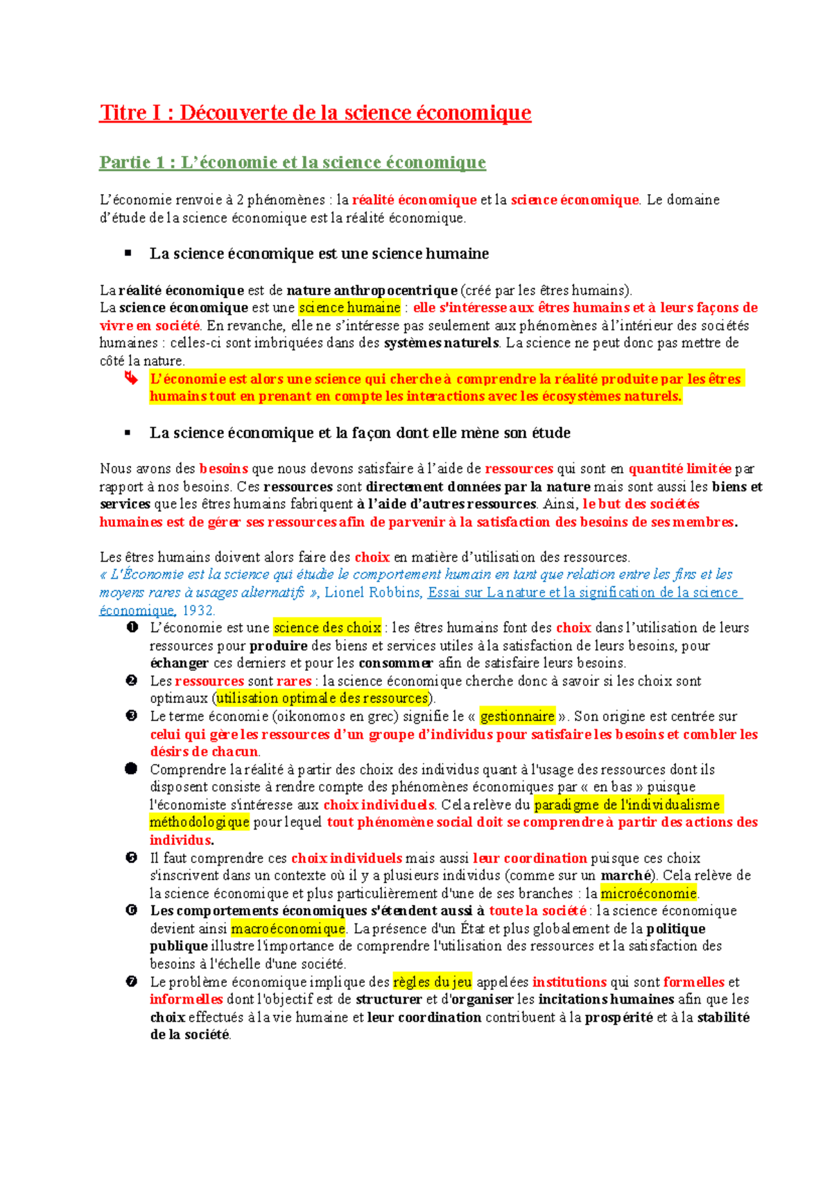 Titre 1 - Découverte de la science économique - Titre I : Découverte de ...