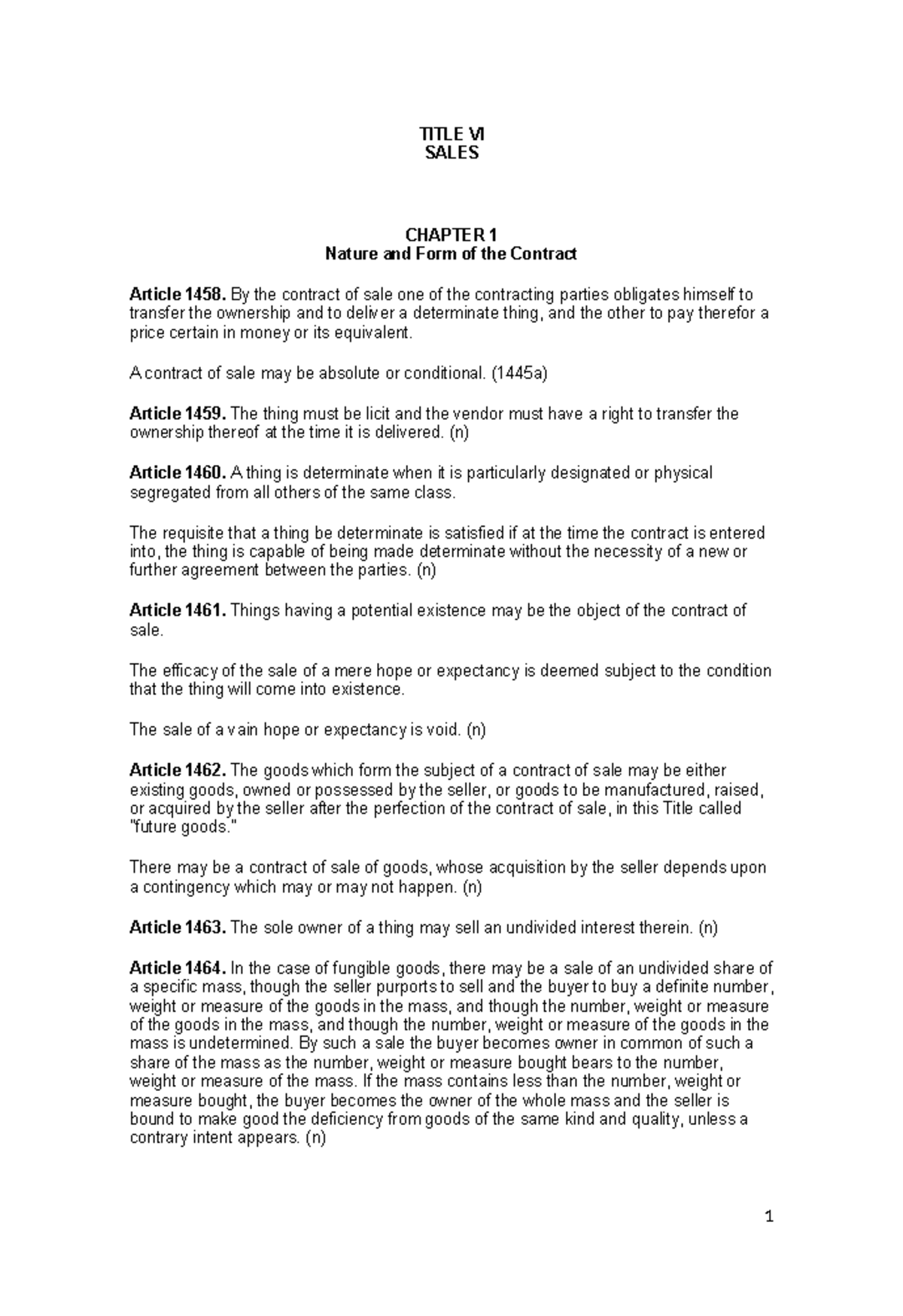 Art. 1458 to 1641 - Law on Sales - TITLE VI SALES CHAPTER 1 Nature and ...