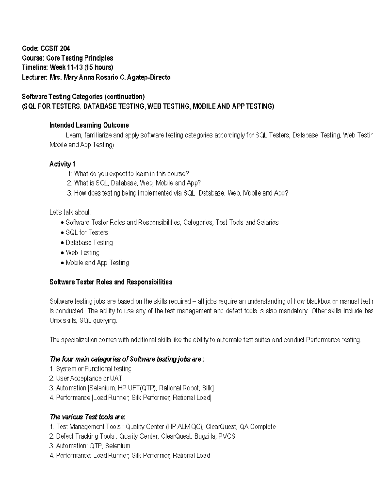 Lecture Final Term Core Testing Principle Code Ccsit 204 Course Core Testing Principles