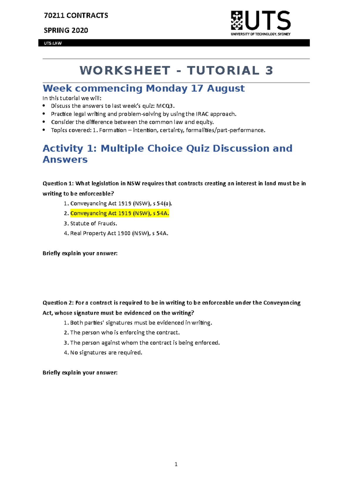 70211 Worksheet Tutorial 3 - UTS:LAW WORKSHEET - TUTORIAL 3 Week ...