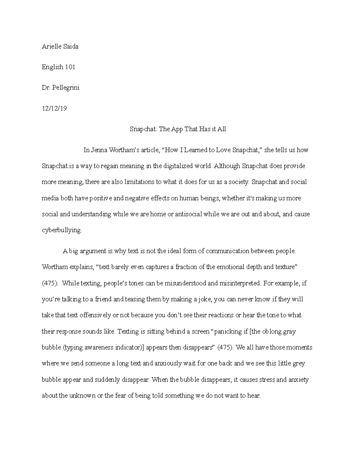 Final Exam Essay - Arielle Saida English 101 Dr. Pellegrini 12/12 ...