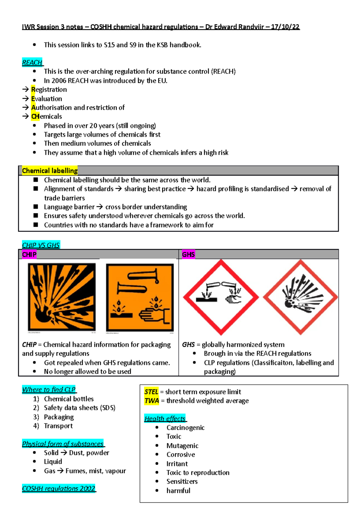 IWR Session 3 - Coshh - SEE ABOVE - IWR Session 3 notes – COSHH ...