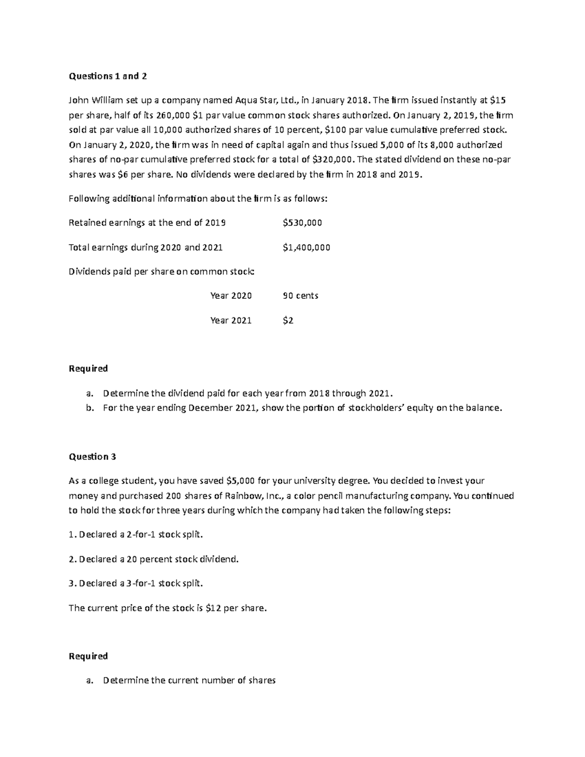 Quiz Cash flow Statement and Shares - Questions 1 and 2 John William ...