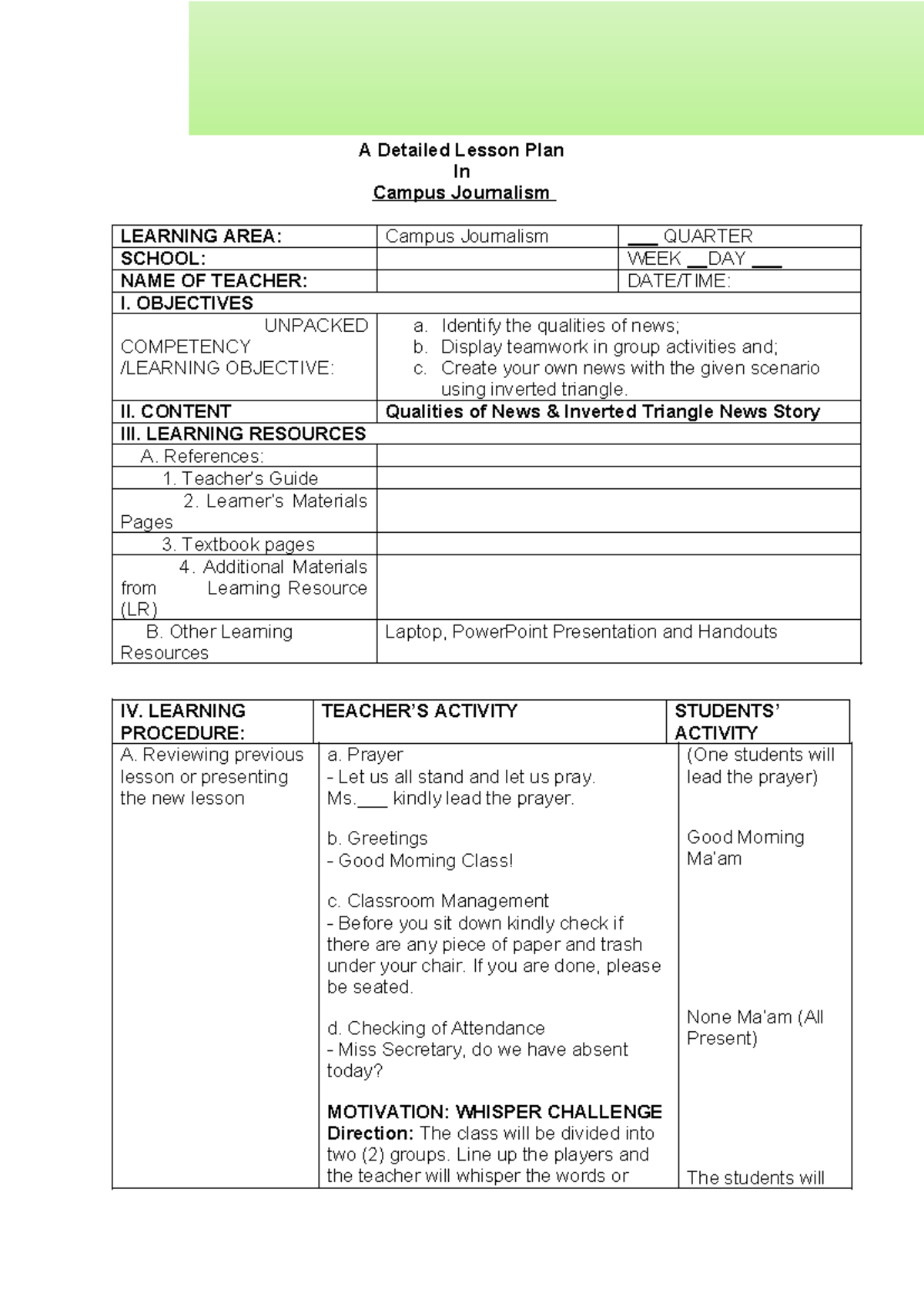 Qualities of News - Lesson Plan about campus journalism - A Detailed ...