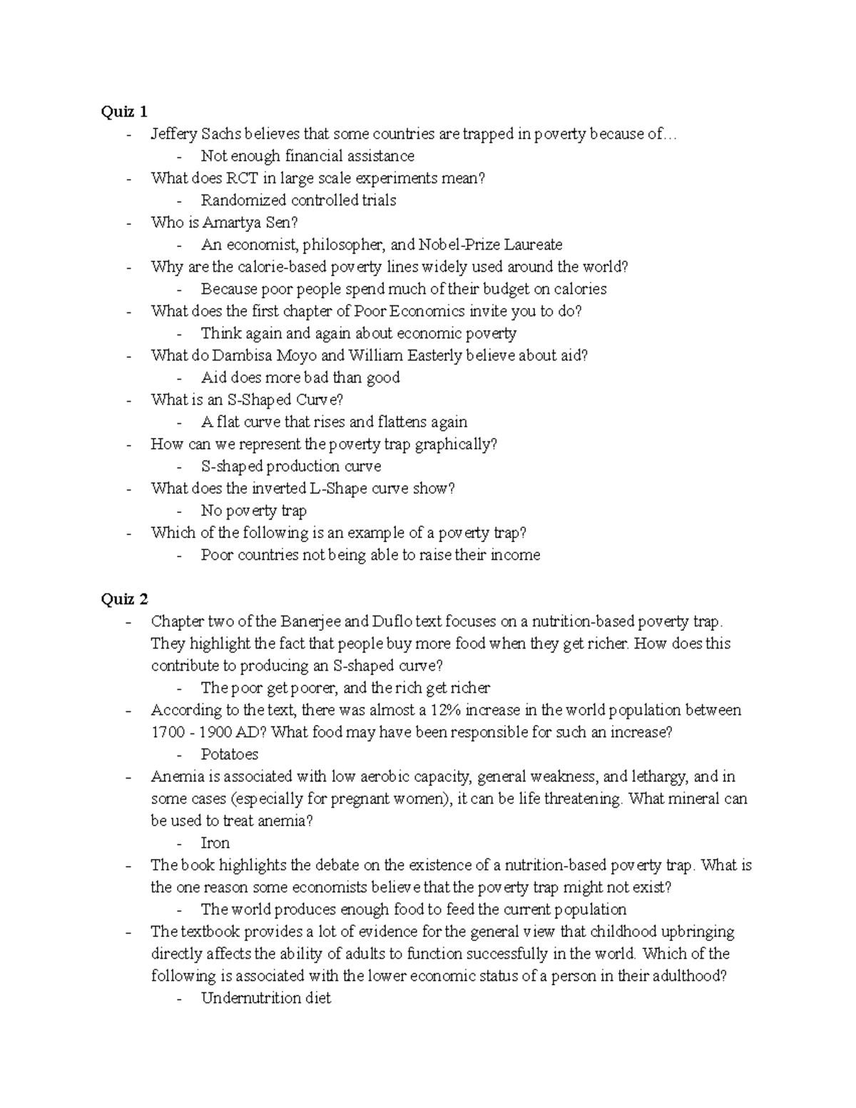Final Exam Study Guide - Quiz 1 - Jeffery Sachs believes that some ...