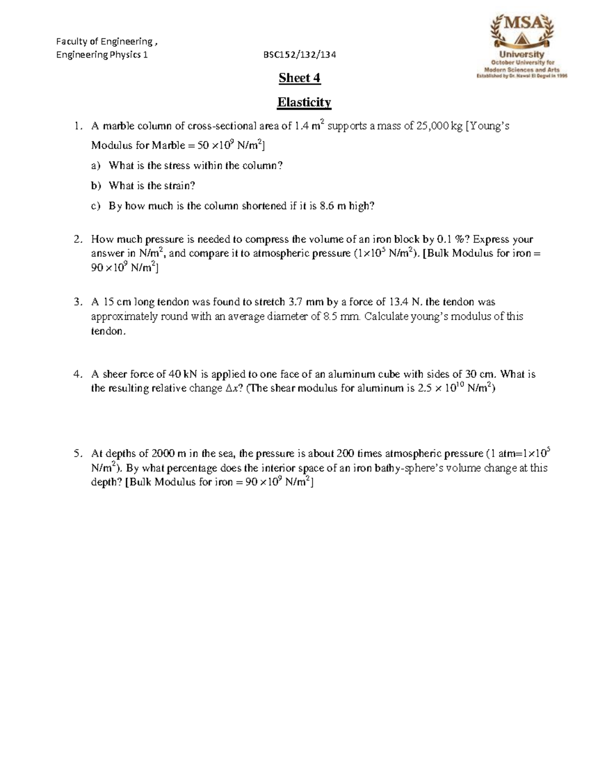 Physics - sheet 4 on elasticity - Faculty of Engineering , Engineering Physics 1 BSC152/132 ...