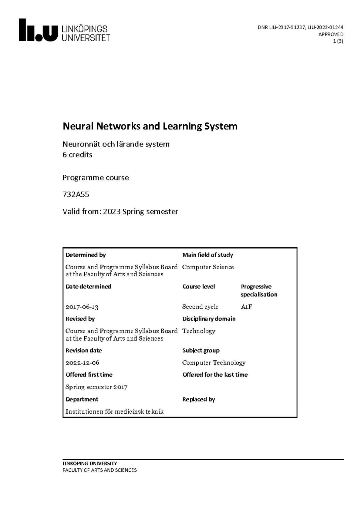 Syllabus Neural Networks And Learning System Neural Networks And Learning System Neuronnät Och