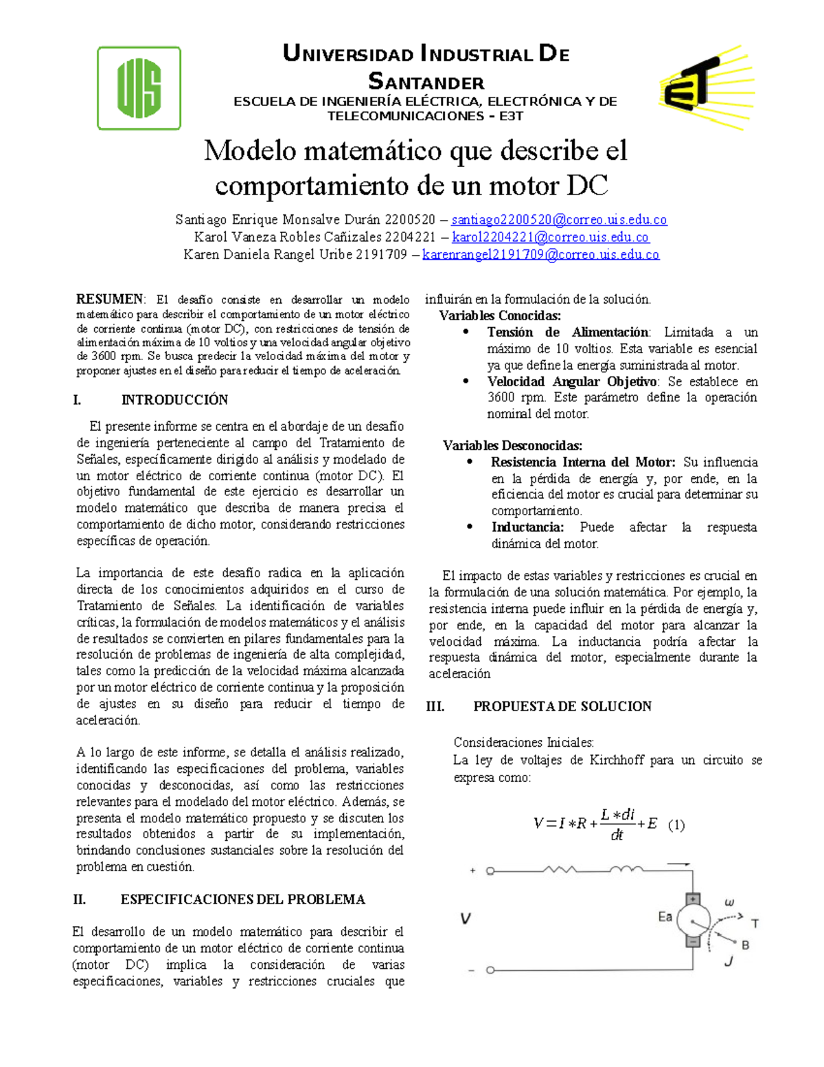 Modelo matemático que describe el comportamiento de un motor DC ...