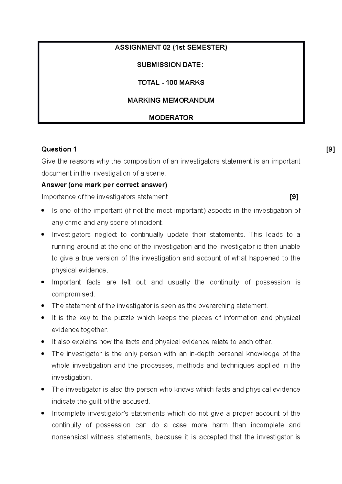 Marking Memo 2nd Semester Final Oct Nov FOR2605 Exam September 2022 - ASSIGNMENT 02 (1st ...