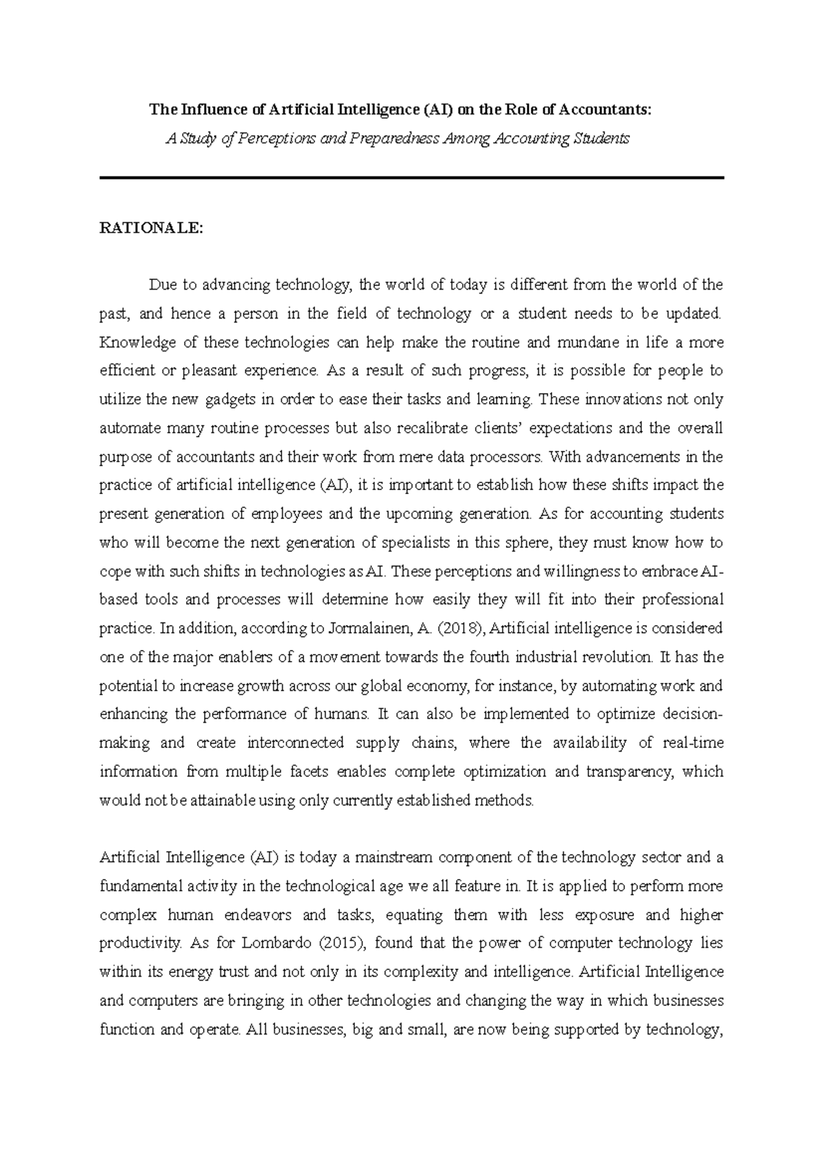 G1 Artificial Intelligence Rationale SOP Draft 1 3 - The Influence of Artificial Intelligence ...