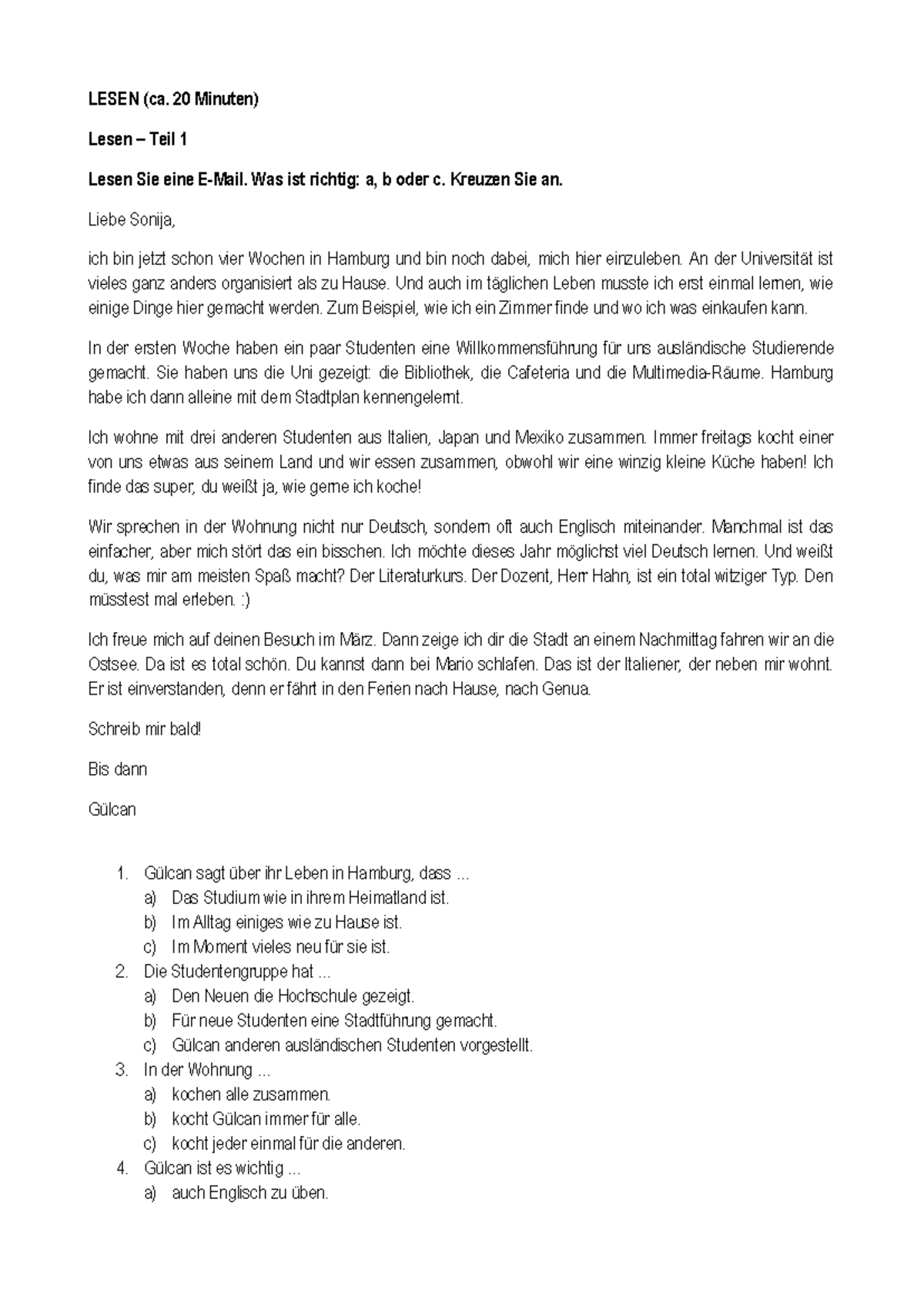 Lesen - wvwvwvwv - LESEN (ca. 20 Minuten) Lesen – Teil 1 Lesen Sie eine ...