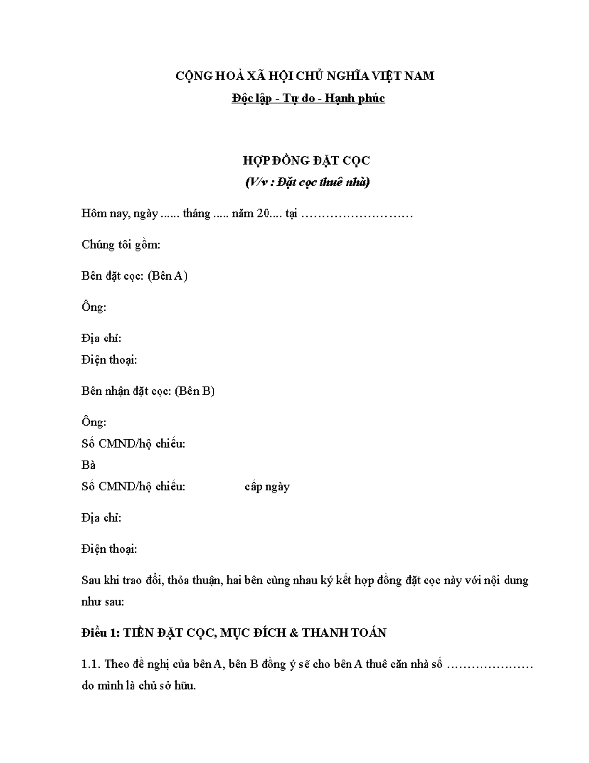Mau hop dong dat coc tien thue nha - CỘNG HOÀ XÃ HỘI CHỦ NGHĨA VIỆT NAM ...