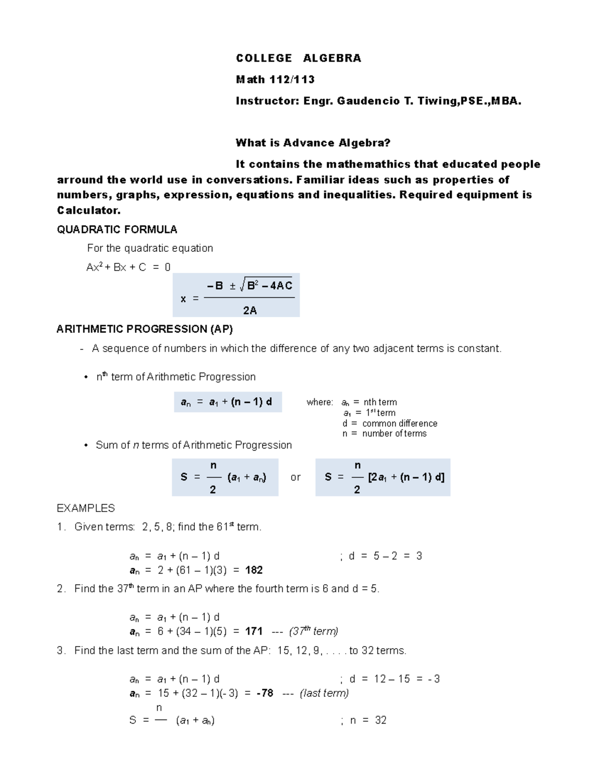 College Algebra-BCU - okai - COLLEGE ALGEBRA Math 112/ Instructor: Engr ...