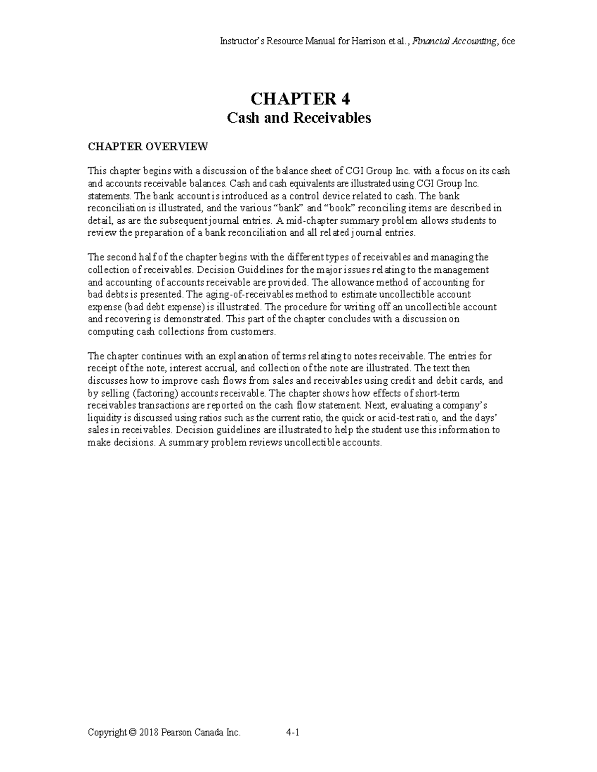 04 harr fin-acct6 im ch04 - CHAPTER 4 Cash and Receivables CHAPTER OVERVIEW This chapter begins ...