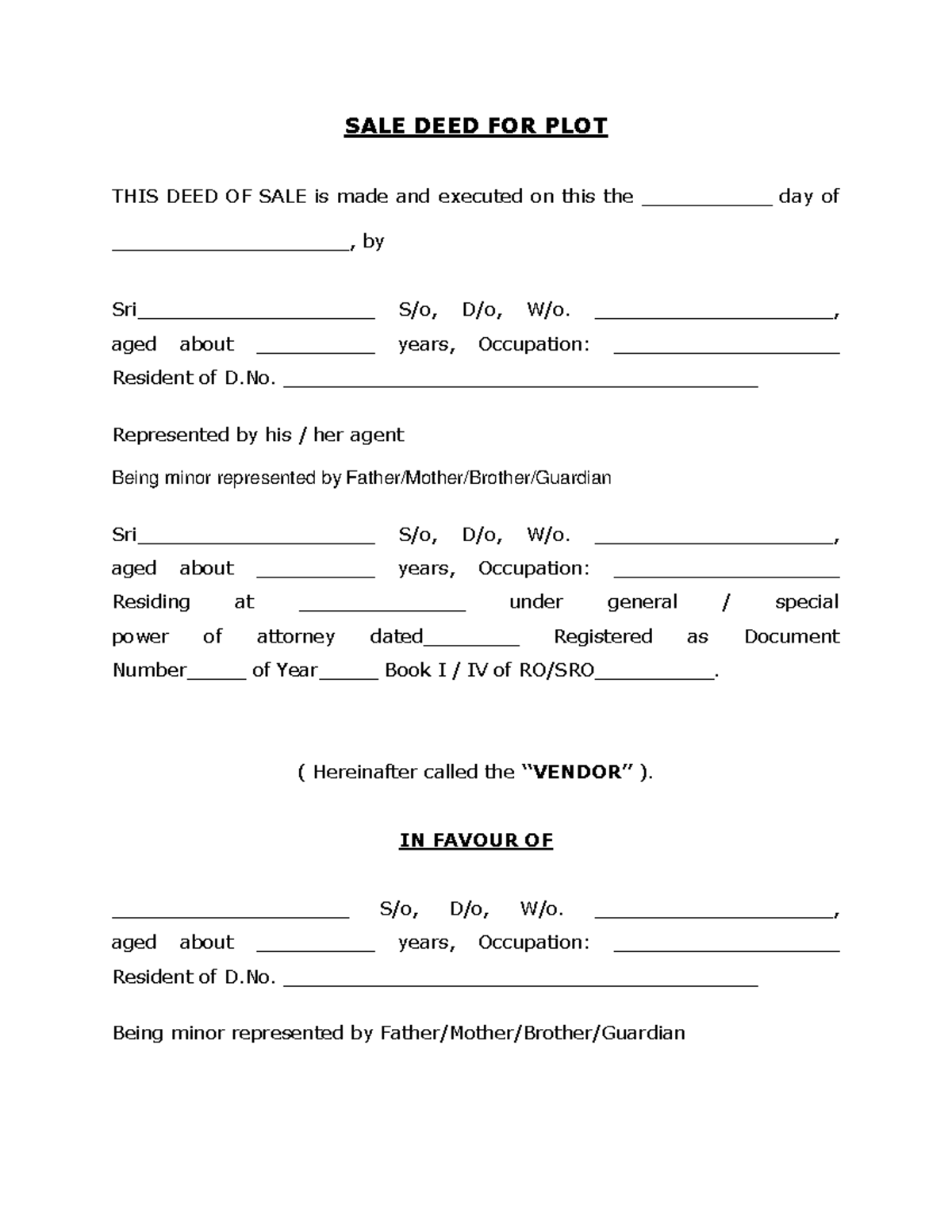 SALE DEED (MODEL) - SALE DEED FOR PLOT THIS DEED OF SALE is made and ...