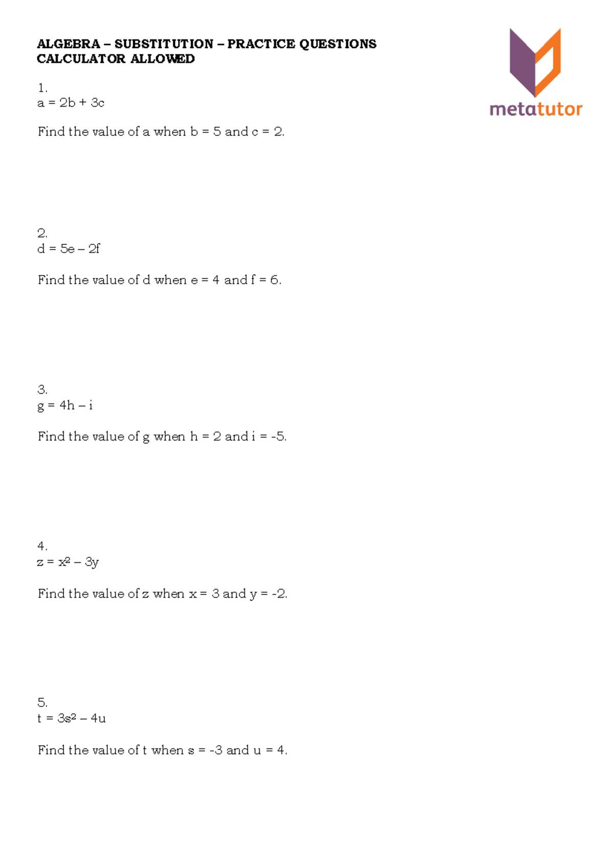Algebra- Substitution - ALGEBRA – SUBSTITUTION – PRACTICE QUESTIONS ...
