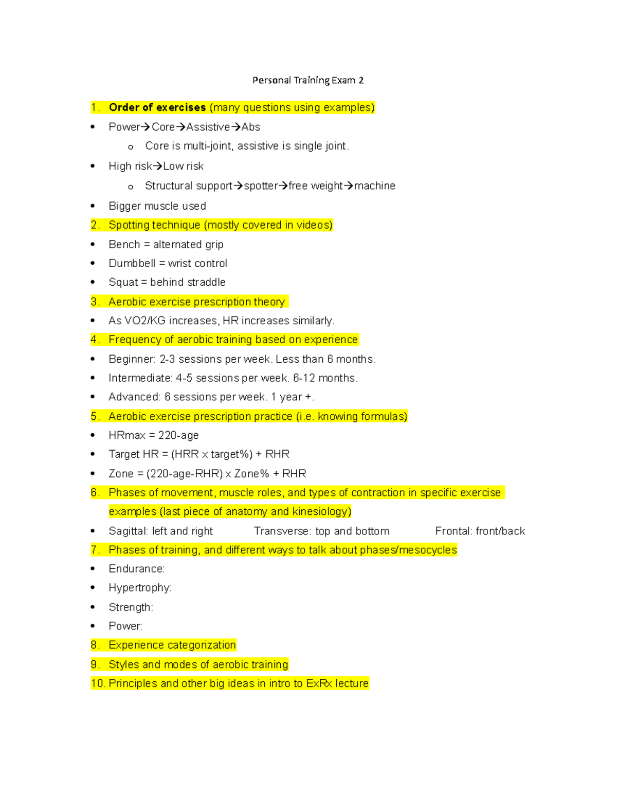 Test 2 study guide - Personal Training Exam 2 Order of exercises (many ...