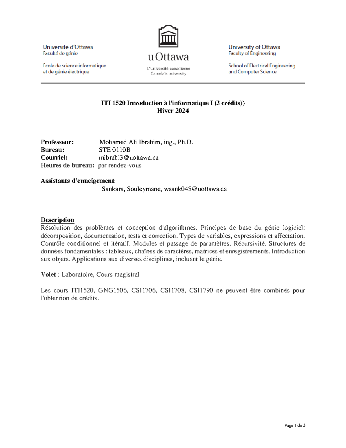 ITI-1520 Syllabus Winter 2024 - Page 1 de 3 ITI 1520 Introduction à l ...